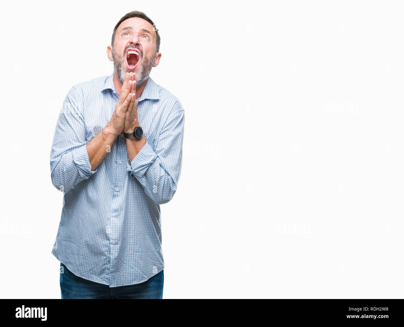 Middle age hoary senior business man over isolated background begging ...