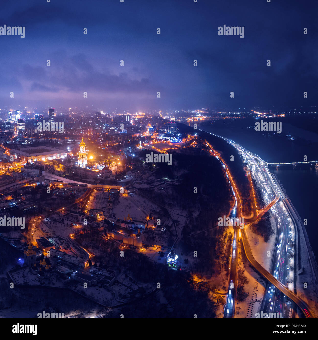 Spectacular nighttime skyline of a big city at night. Kiev, Ukraine ...