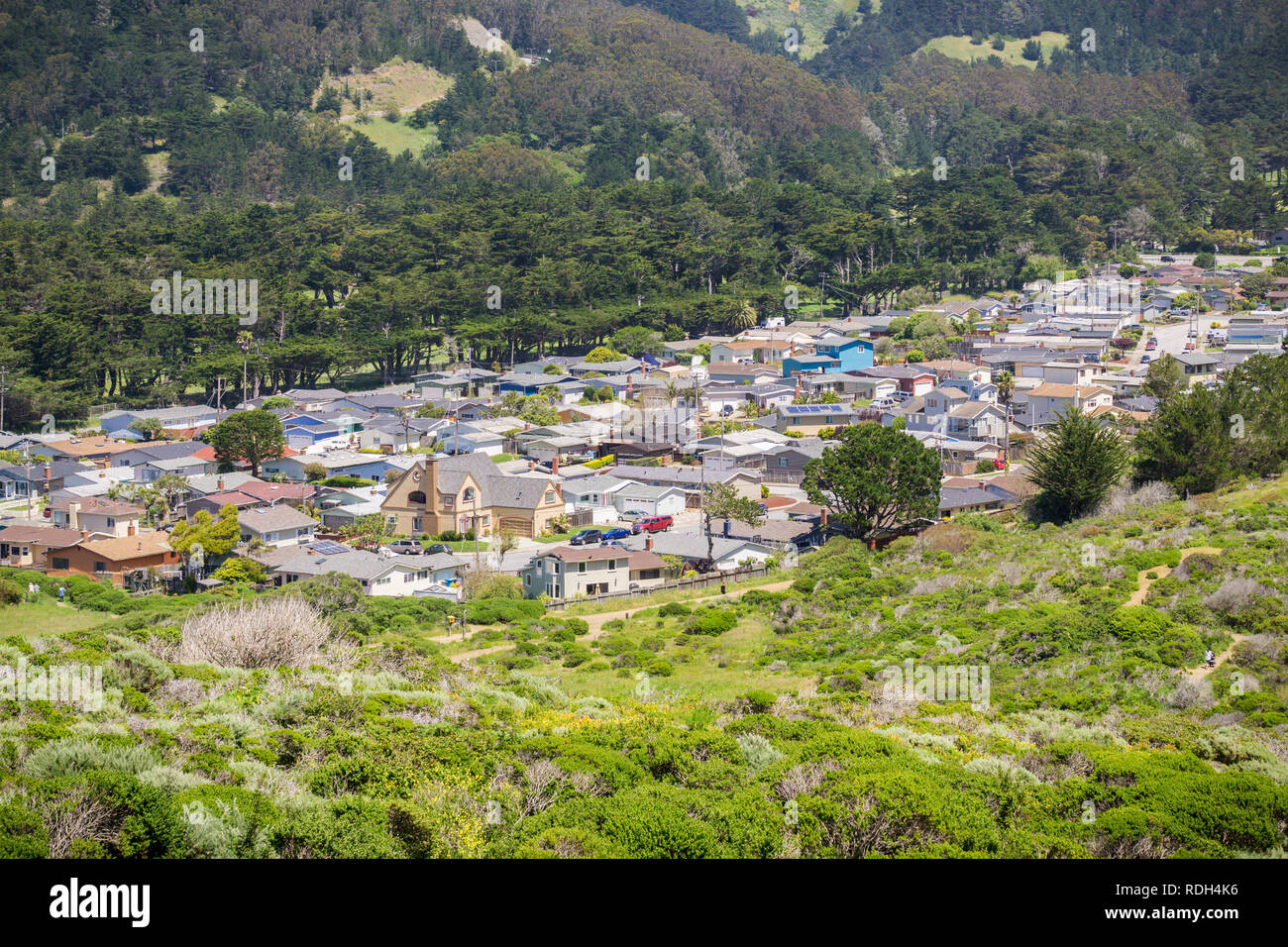 Aerial view of residential neighborhood in the town of Pacifica ...
