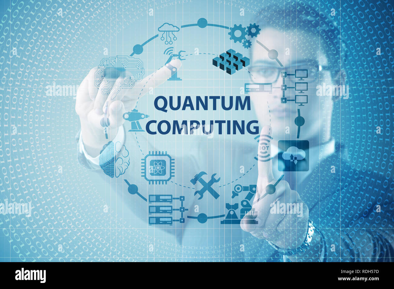 Businessman pressing virtual button in quantum computing concept Stock ...