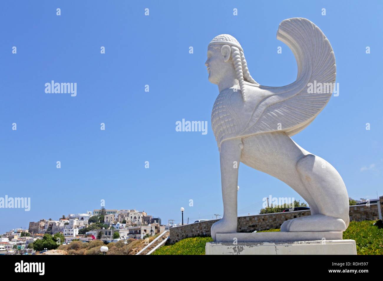 Statue of a sphinx at the harbour, Naxos town, Naxos island, Cyclades ...