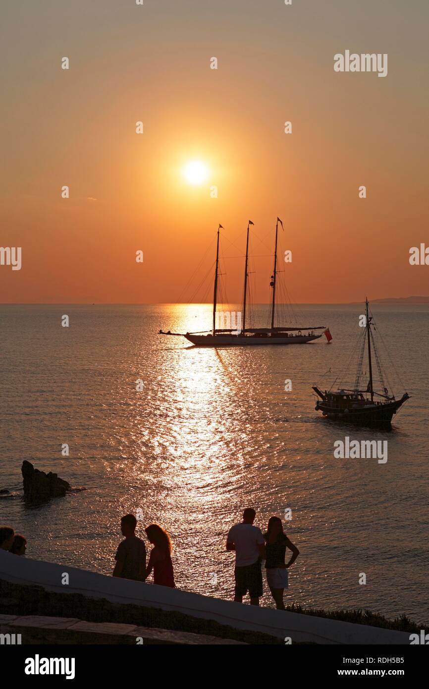 Sunset at the harbour, Mykonos town, Mykonos island, Cyclades, Aegean ...