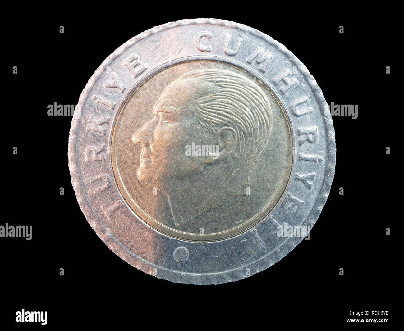 macro closeup of back side one turkish coin fifty kurus money with ...