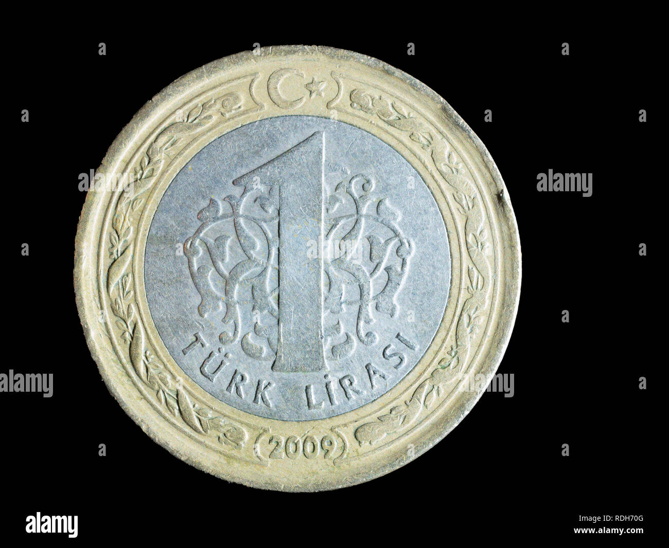 macro closeup of front side one turkish coin lira money on black ...