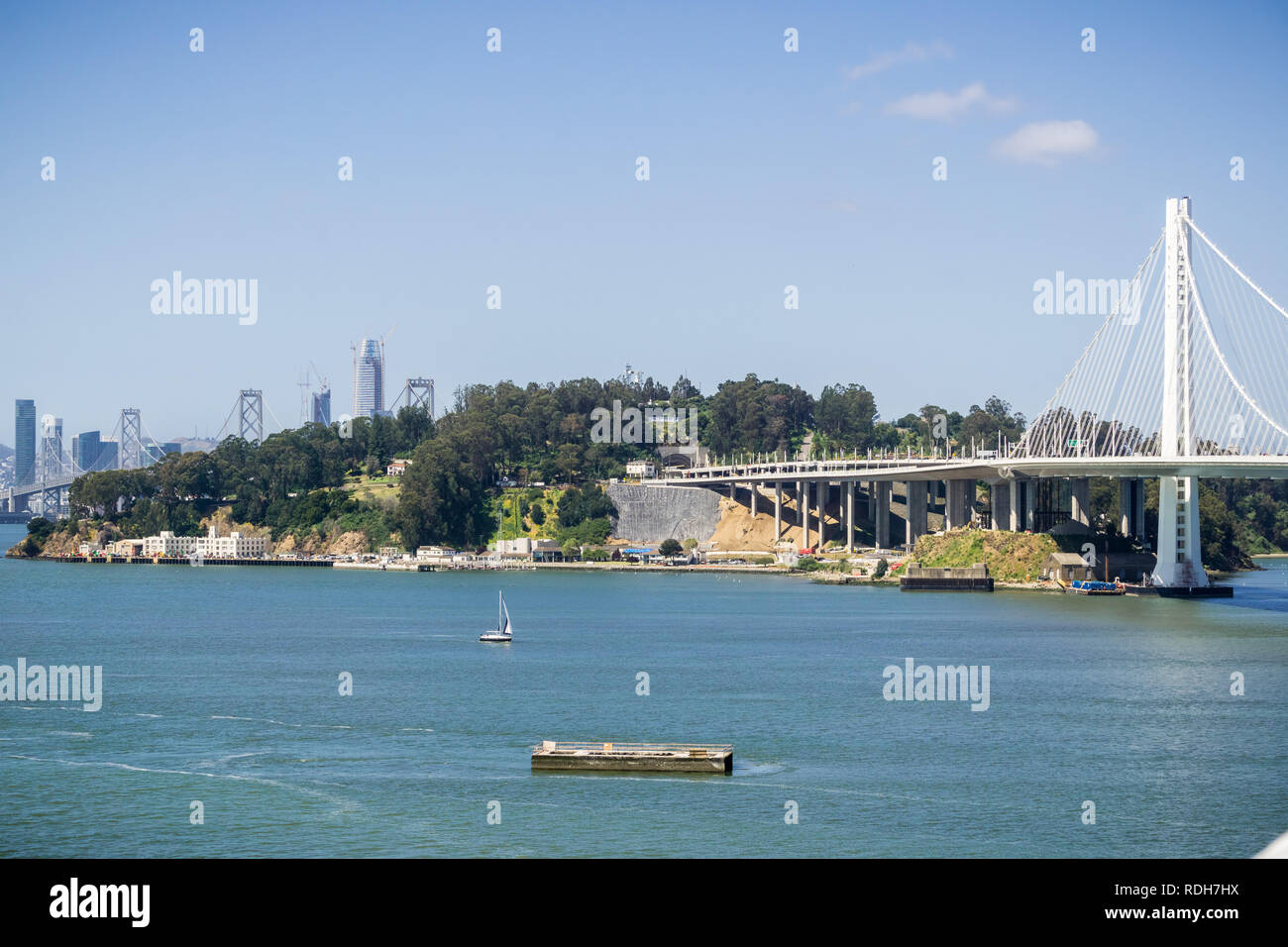 Yerba Buena Island and the Bay Bridge, San Francisco downtown in the ...