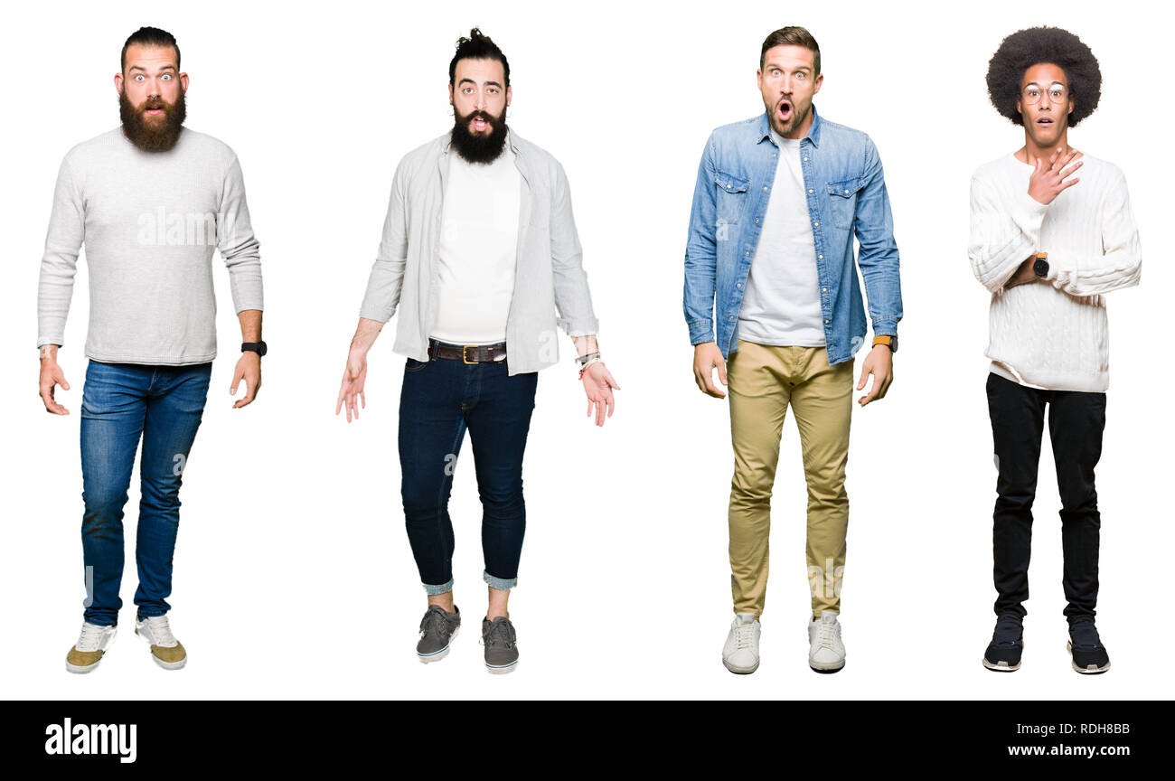 Collage of group of young men over white isolated background afraid and ...