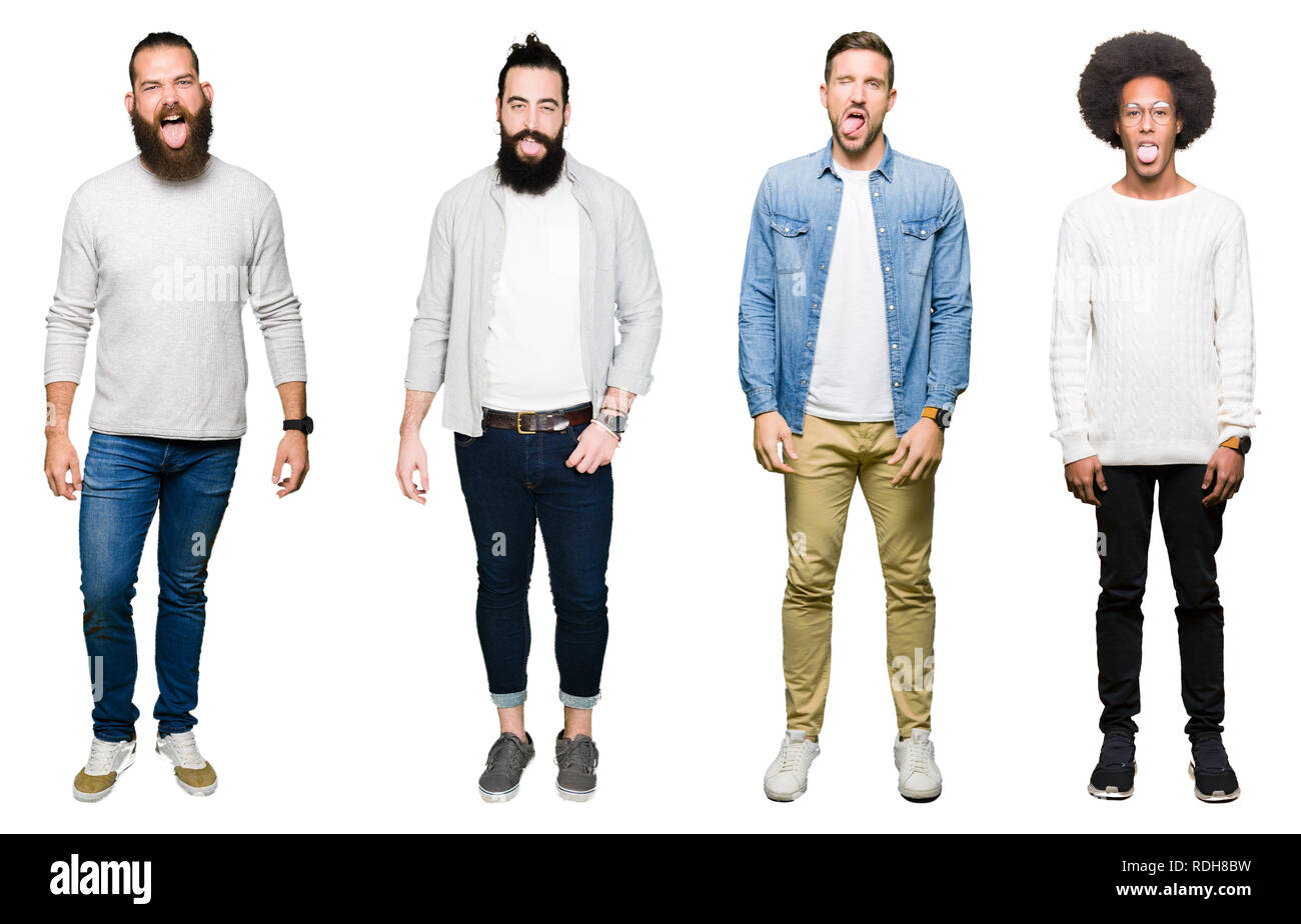 Collage of group of young men over white isolated background sticking ...
