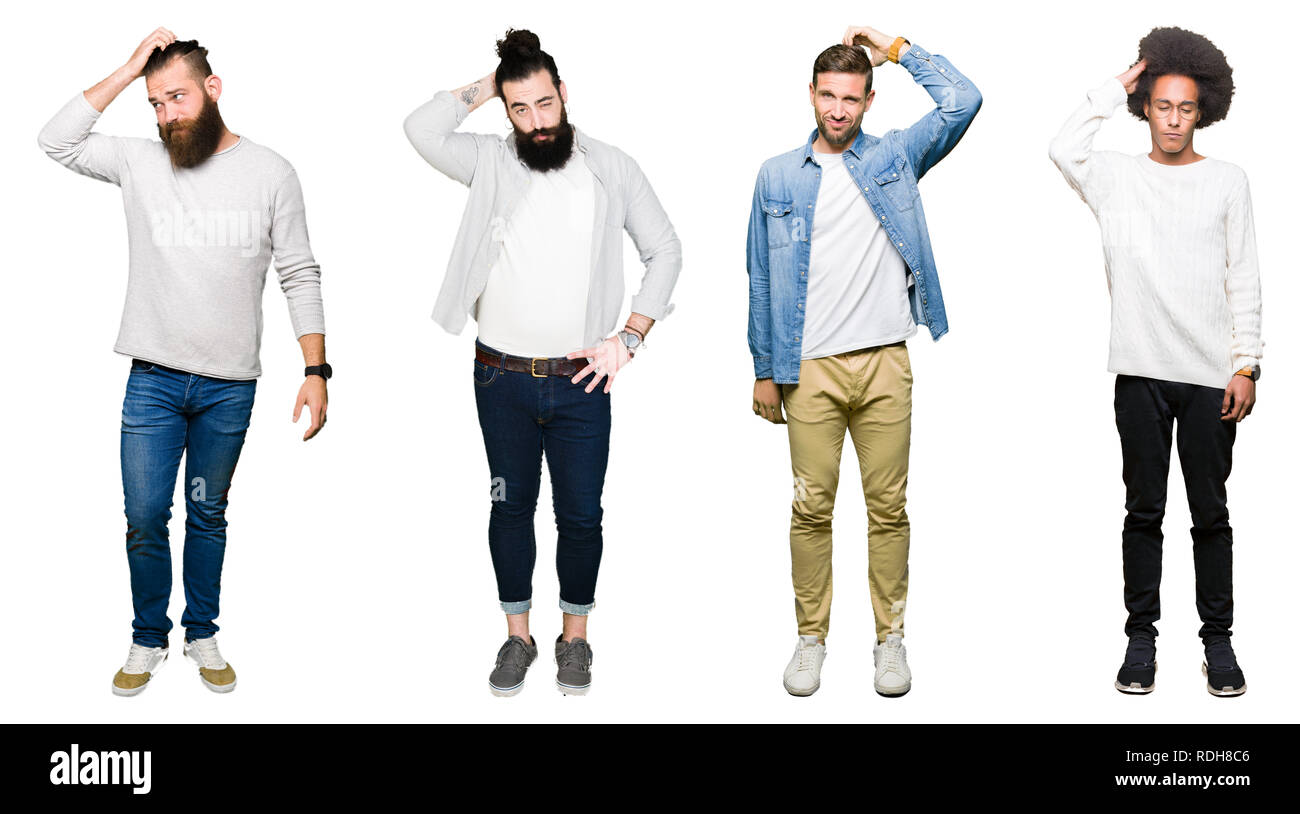 Collage of group of young men over white isolated background confuse ...