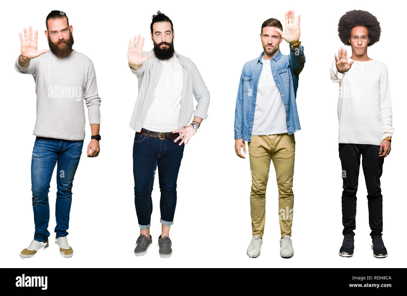 Collage of group of young men over white isolated background doing stop ...