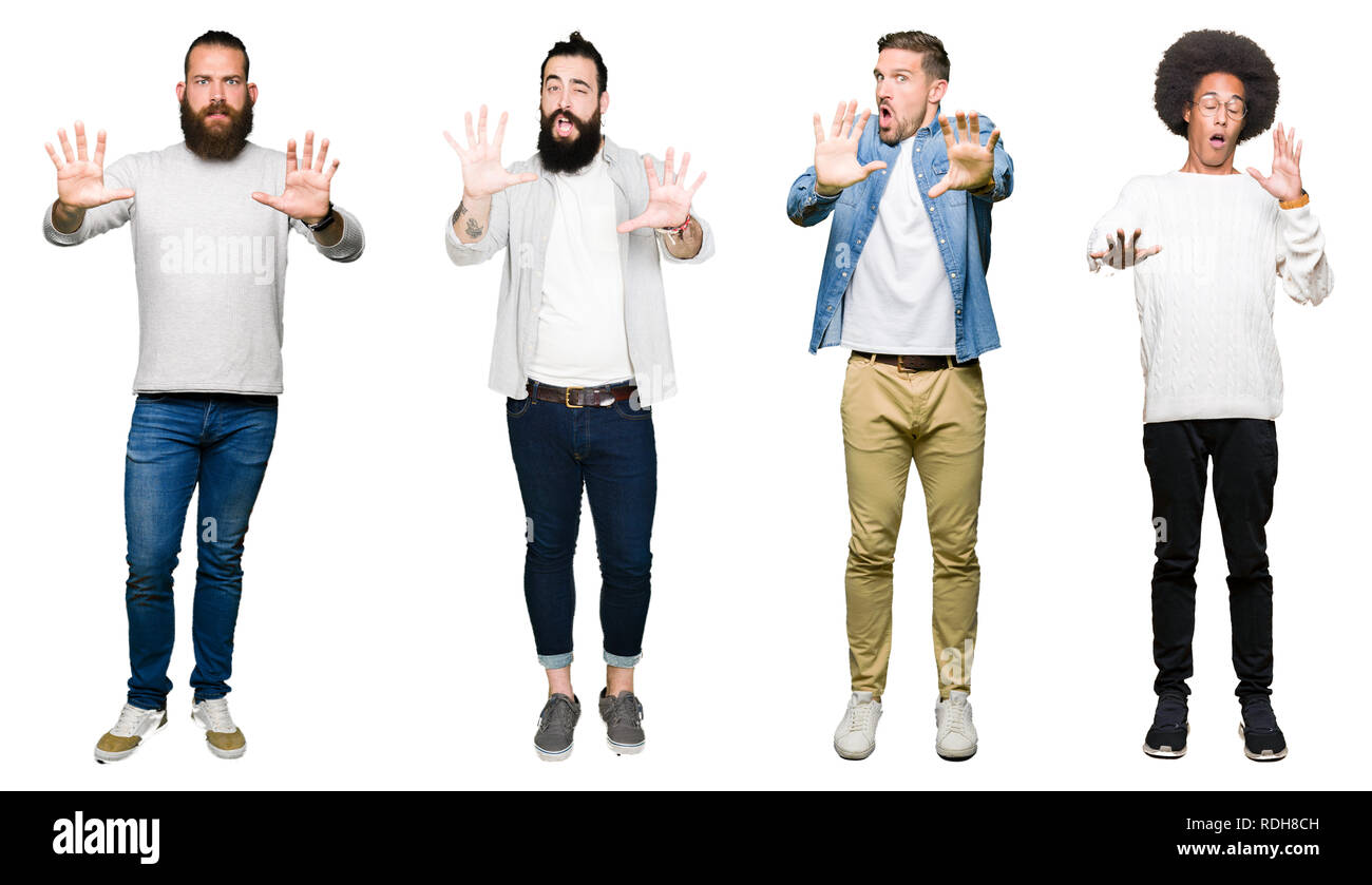 Collage of group of young men over white isolated background afraid and ...
