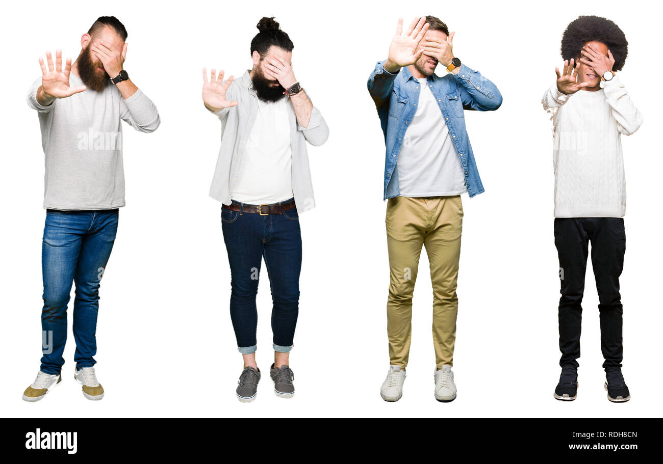 Collage of group of young men over white isolated background covering ...