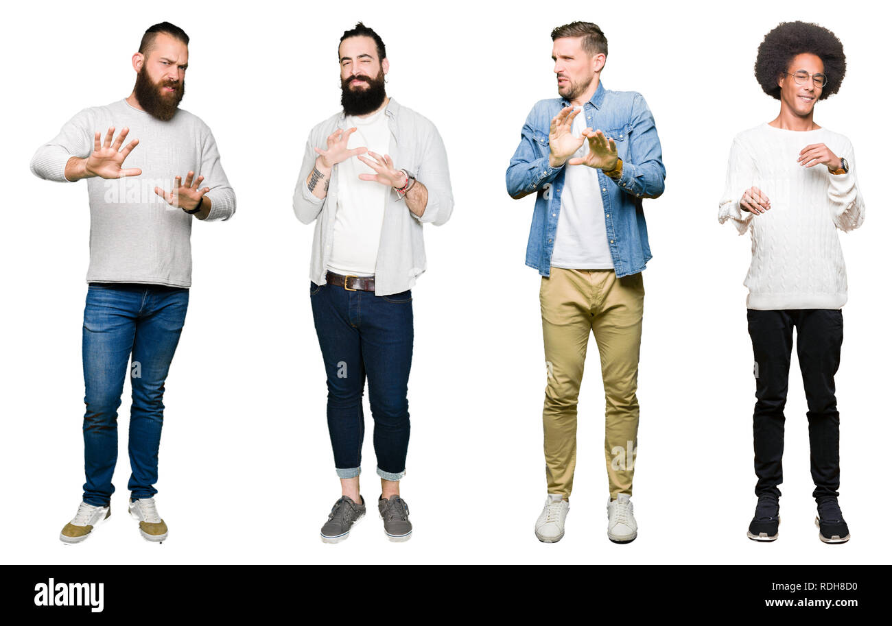 Collage of group of young men over white isolated background disgusted ...