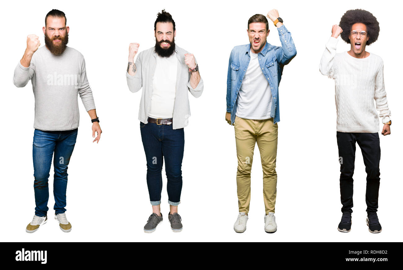 Collage of group of young men over white isolated background angry and ...