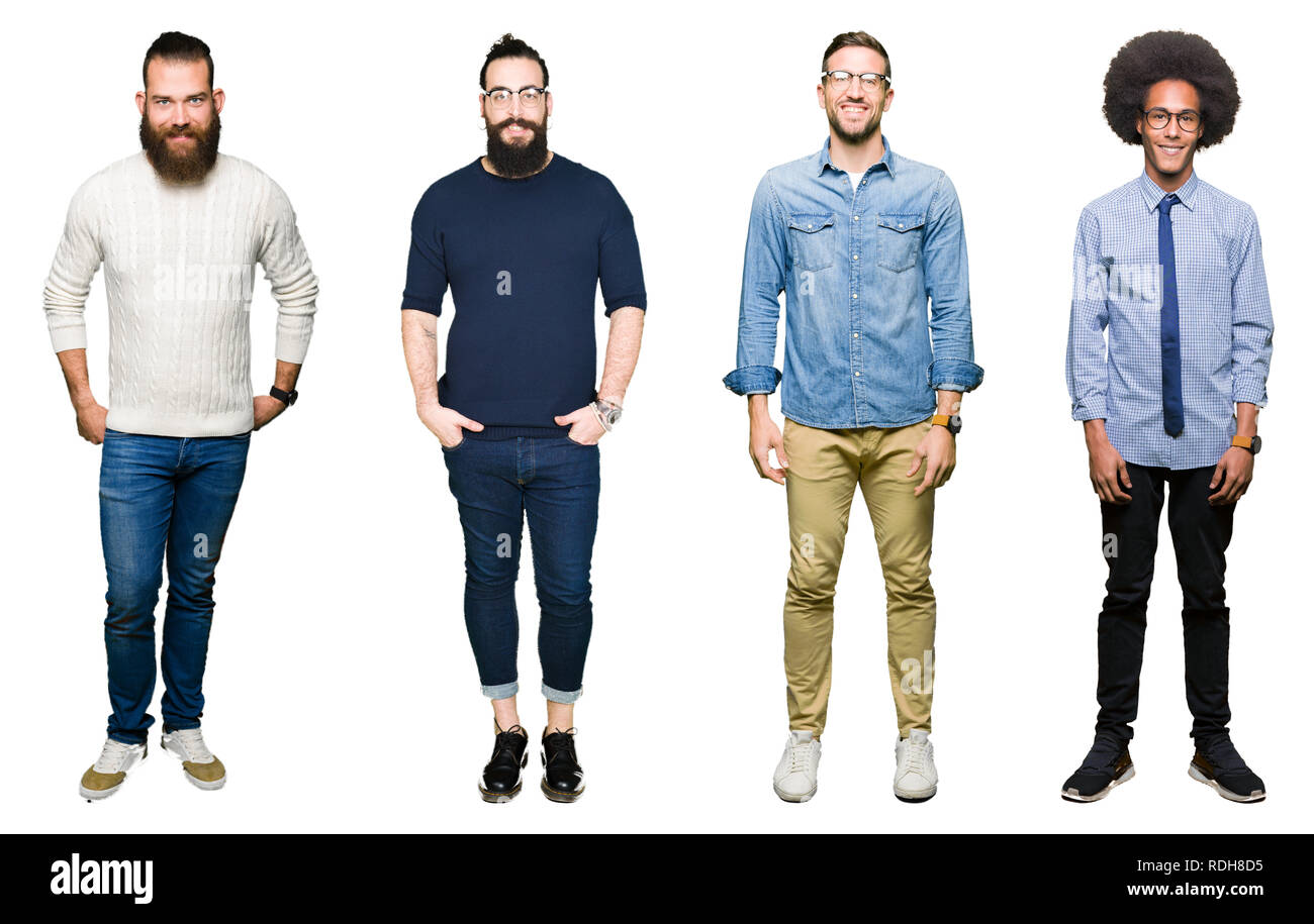 Collage of group of young men over white isolated background with a ...