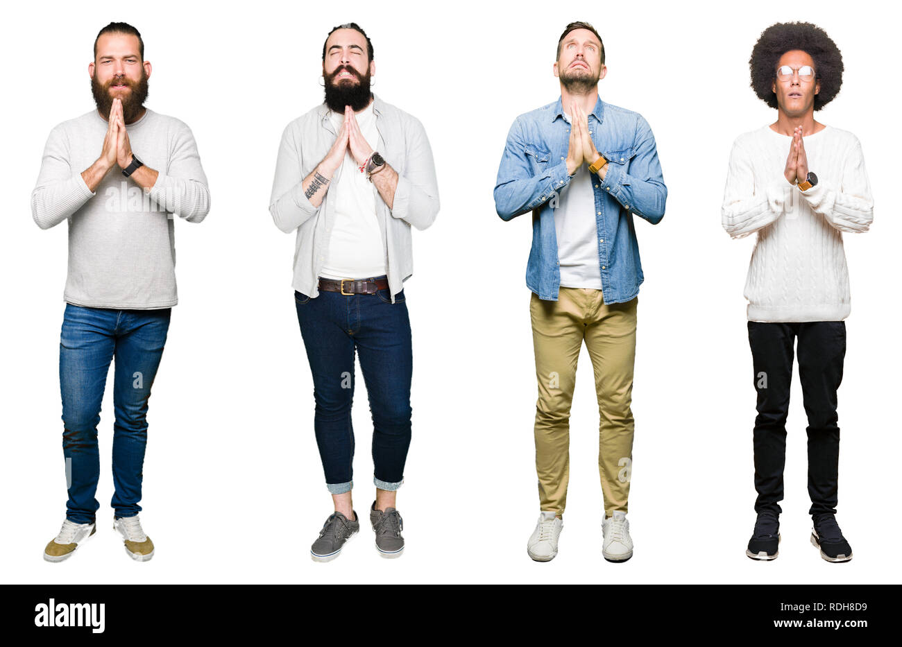 Collage of group of young men over white isolated background begging ...