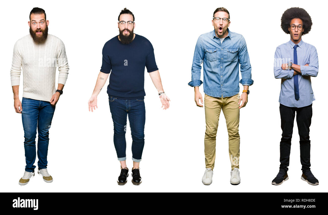 Collage of group of young men over white isolated background afraid and ...