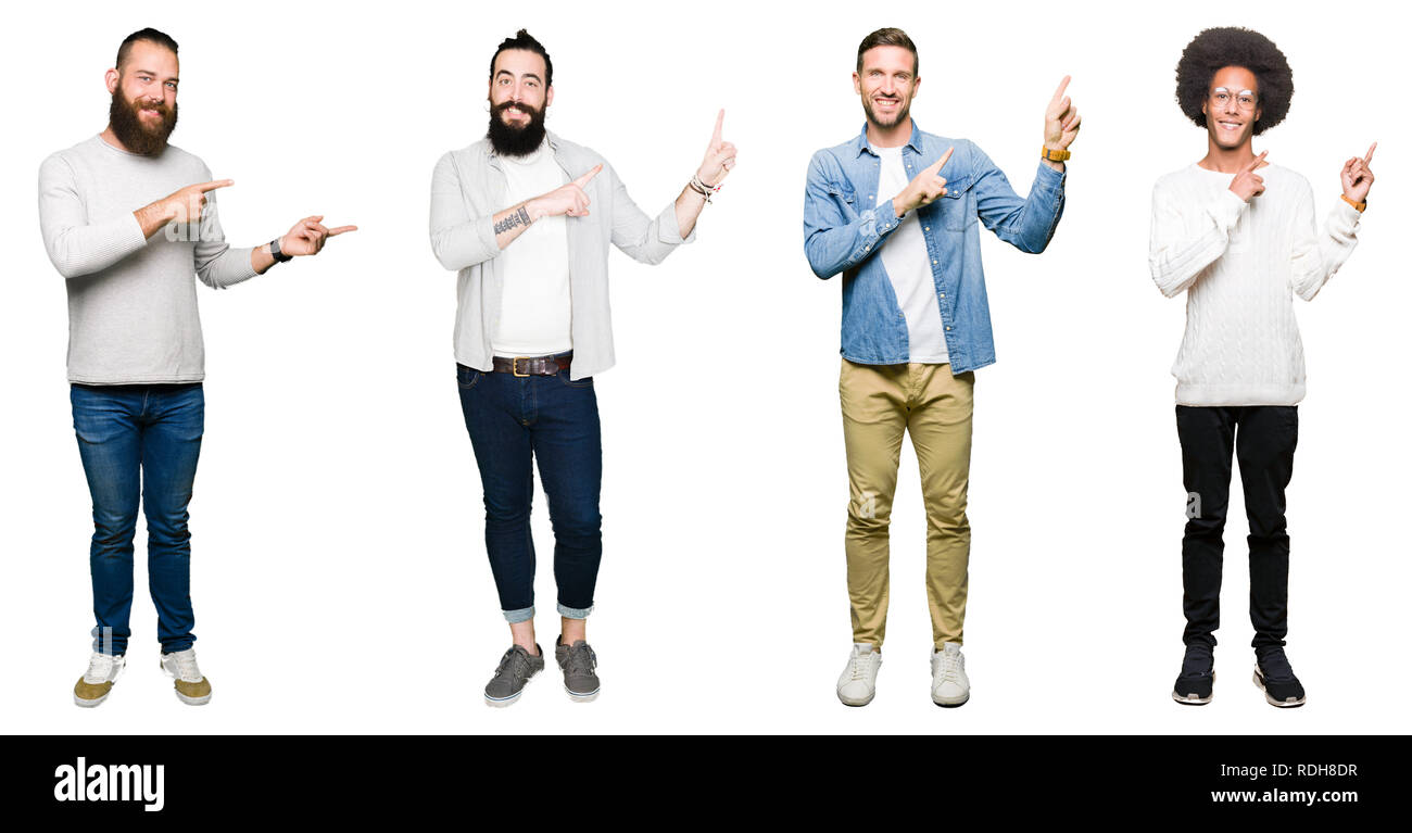 Collage of group of young men over white isolated background smiling ...