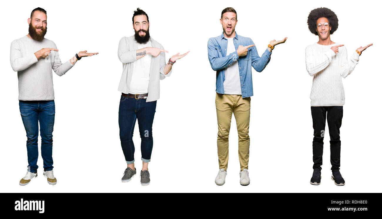 Collage of group of young men over white isolated background amazed and ...