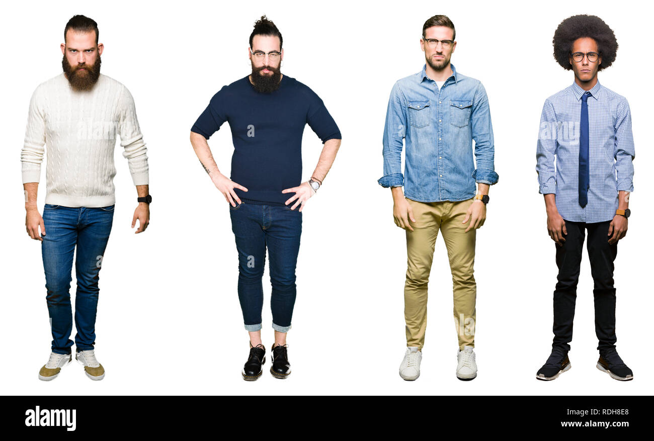Collage of group of young men over white isolated background skeptic ...