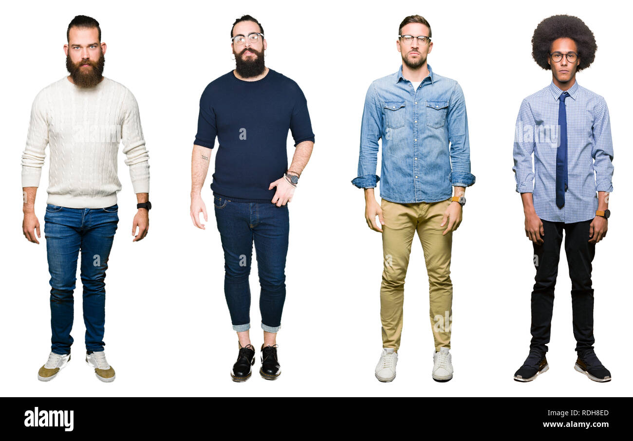 Collage of group of young men over white isolated background Relaxed ...