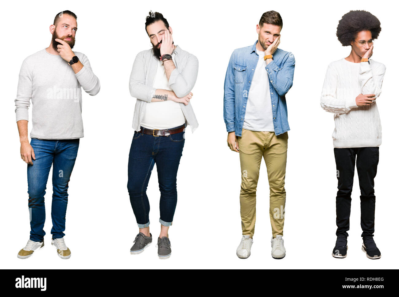 Collage of group of young men over white isolated background thinking ...