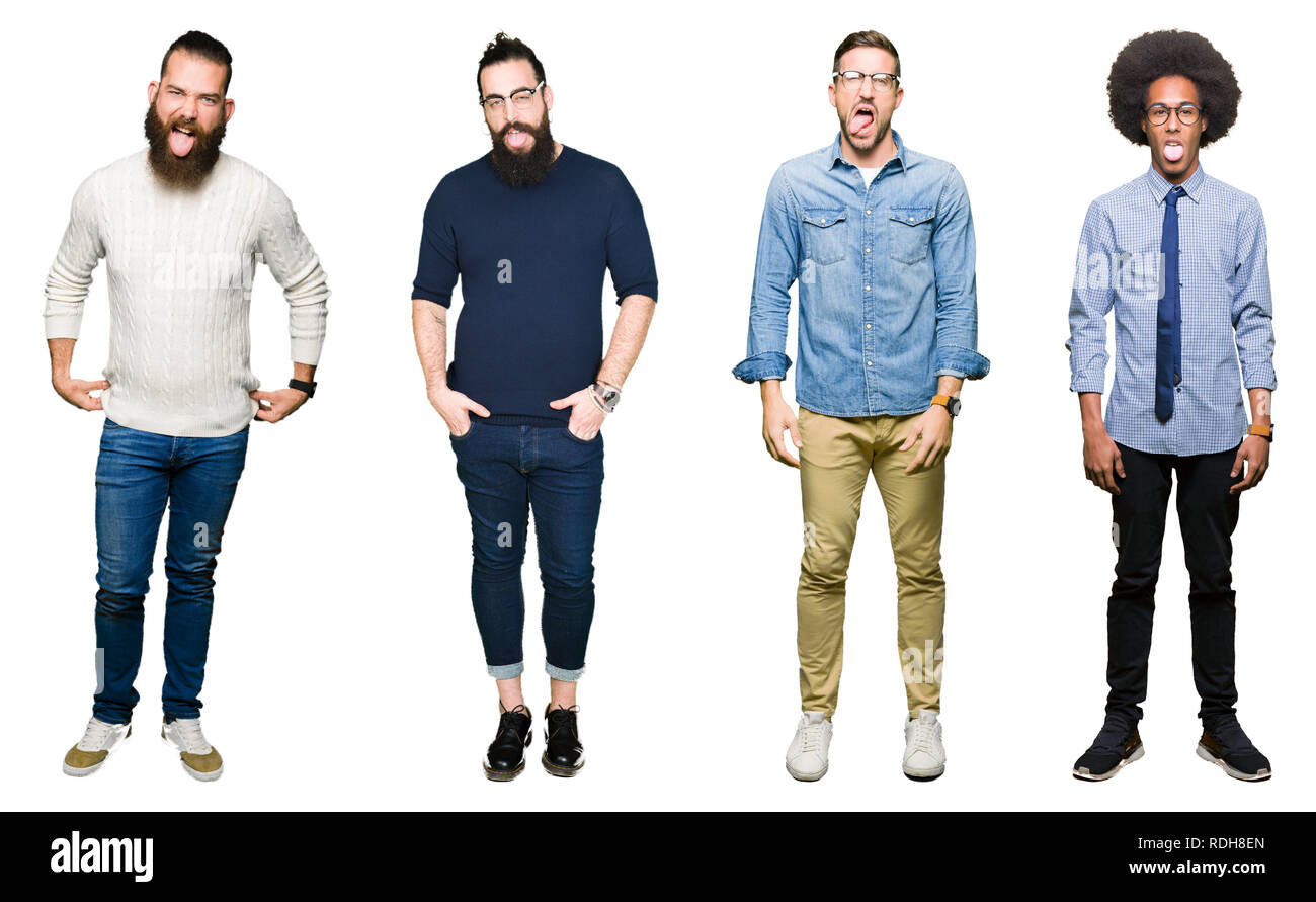 Collage of group of young men over white isolated background sticking ...