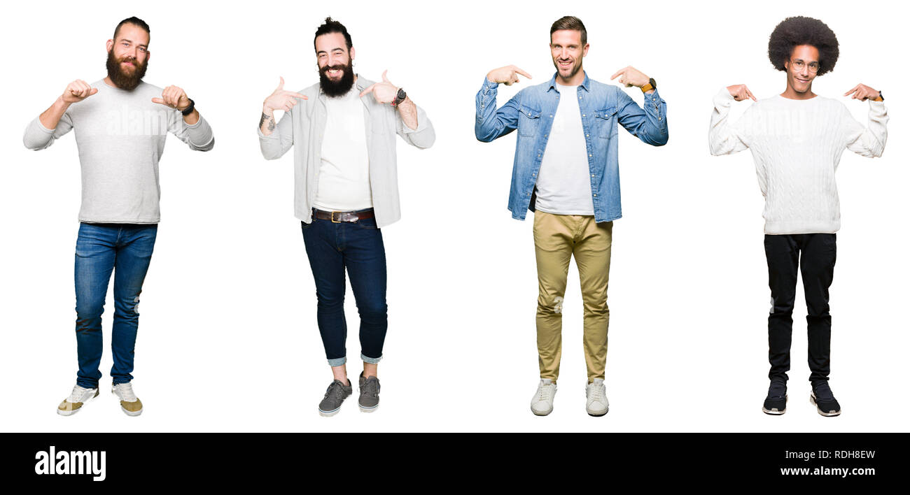 Collage of group of young men over white isolated background looking ...