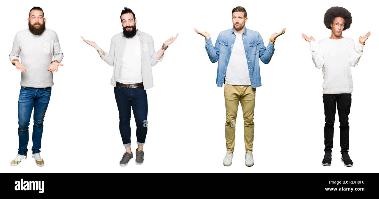 Collage of group of young men over white isolated background clueless ...