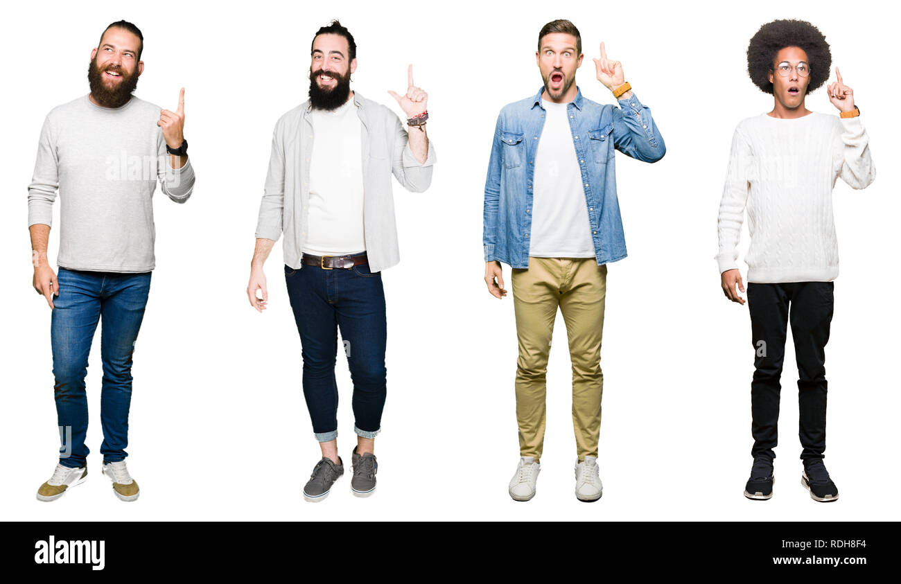 Collage of group of young men over white isolated background pointing ...