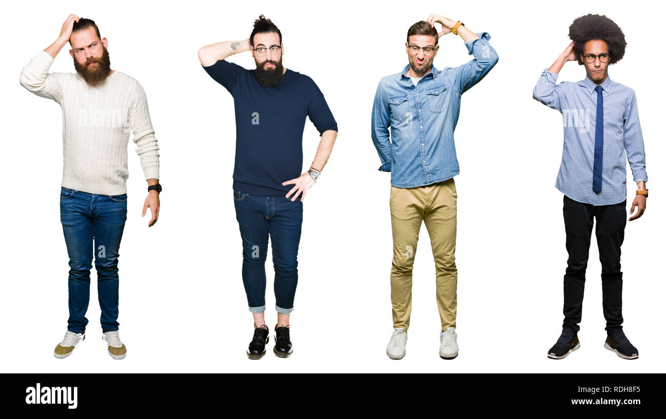 Collage of group of young men over white isolated background confuse ...