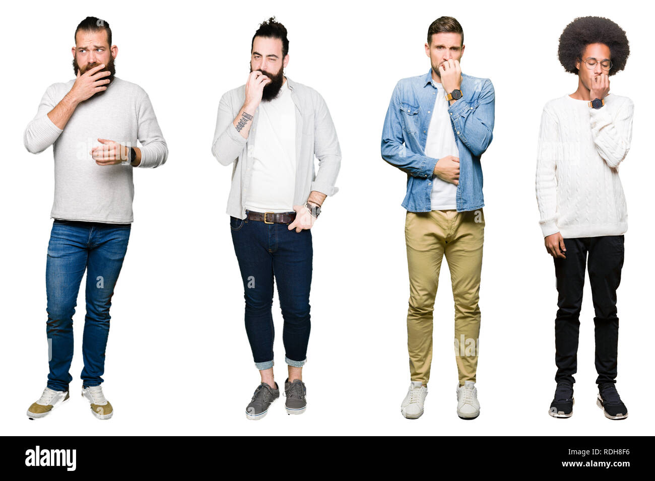 Collage of group of young men over white isolated background looking ...