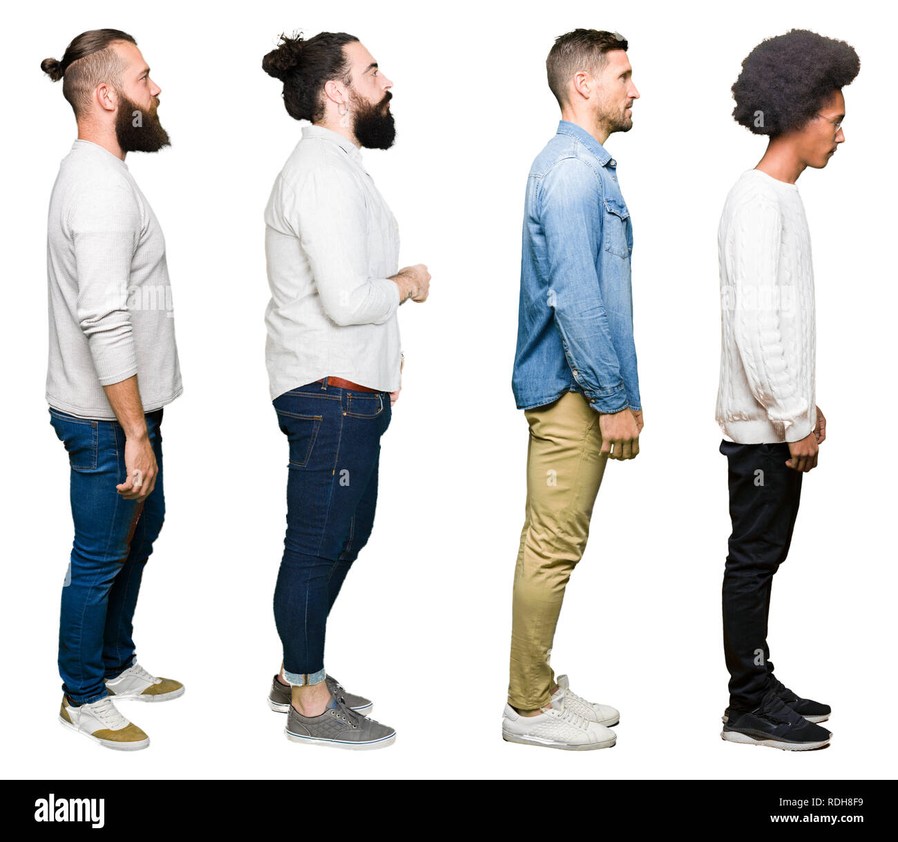 Collage of group of young men over white isolated background looking to ...