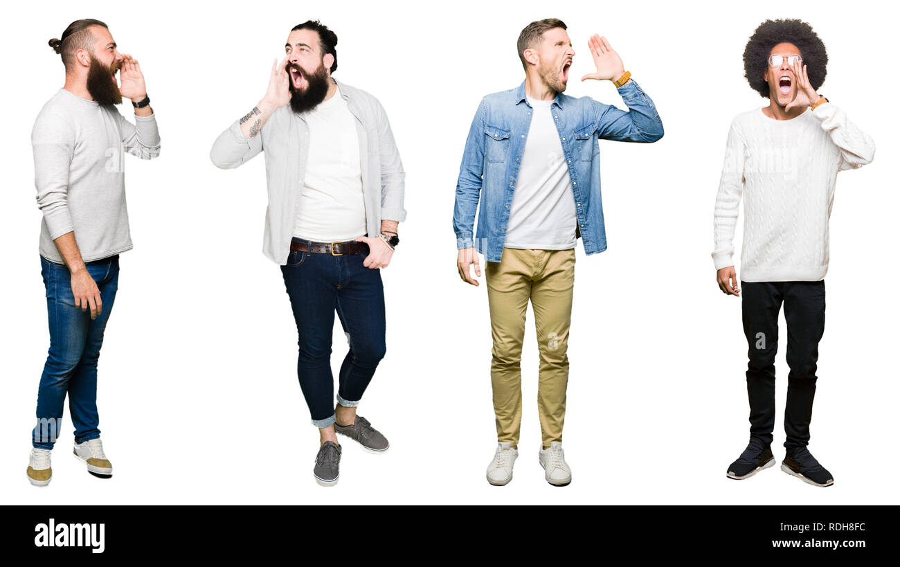 Collage of group of young men over white isolated background shouting ...