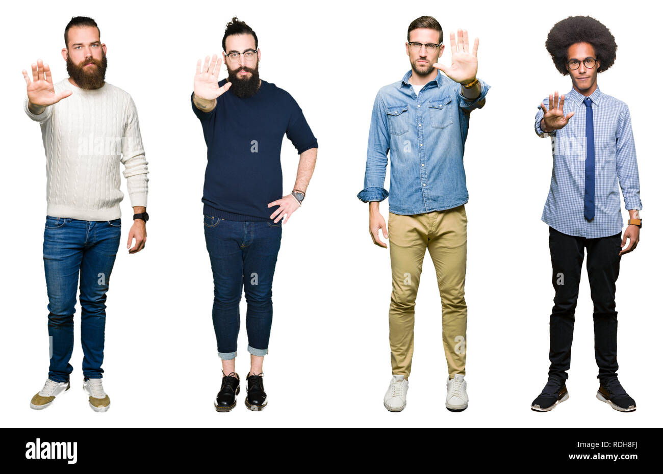 Collage of group of young men over white isolated background doing stop ...