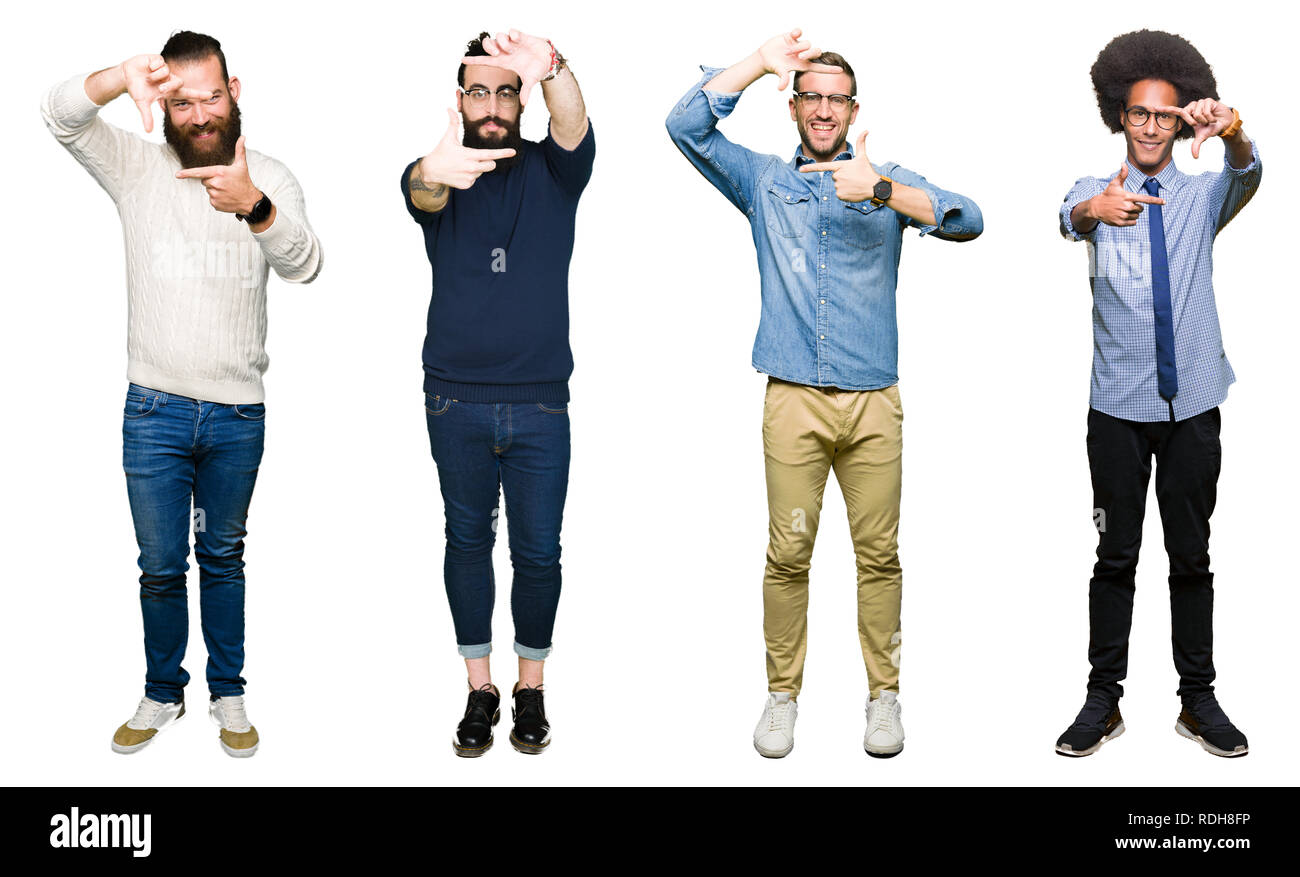 Collage of group of young men over white isolated background smiling ...