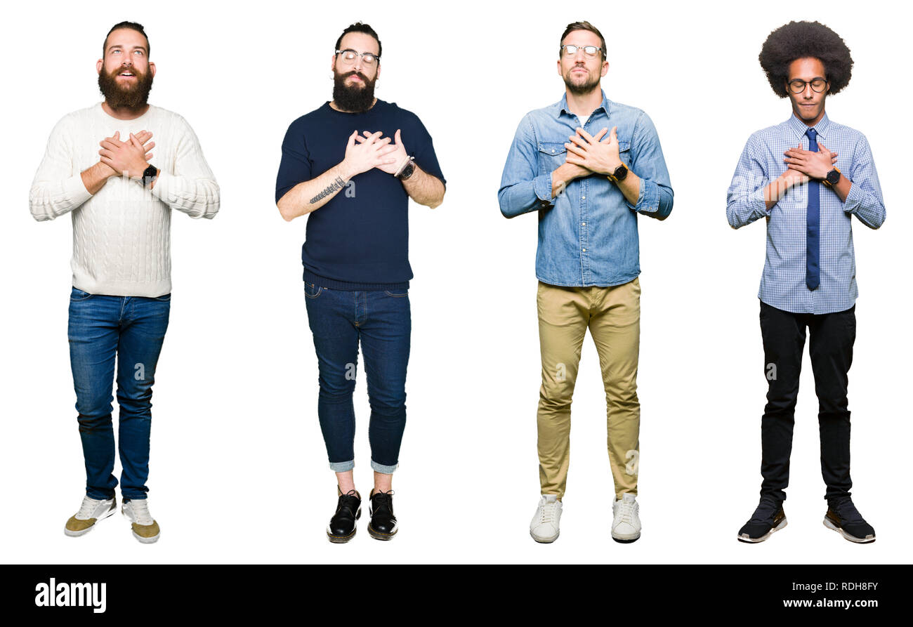 Collage of group of young men over white isolated background smiling ...