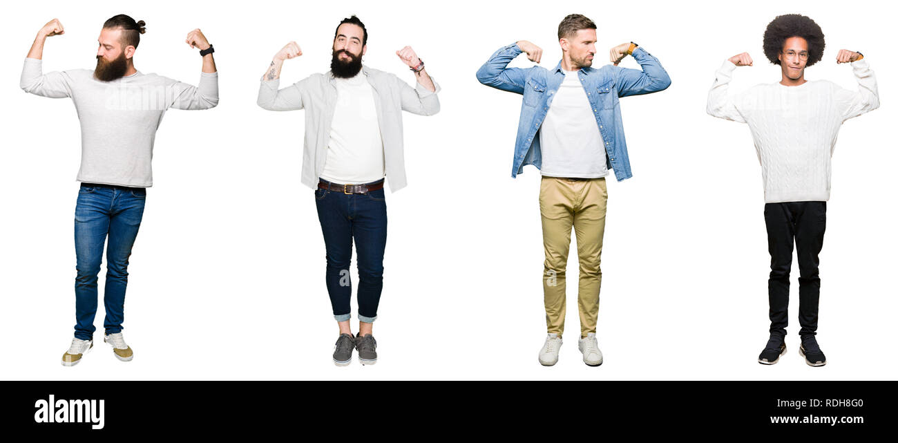 Collage of group of young men over white isolated background showing ...