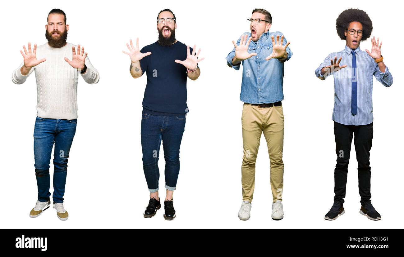 Collage of group of young men over white isolated background afraid and ...