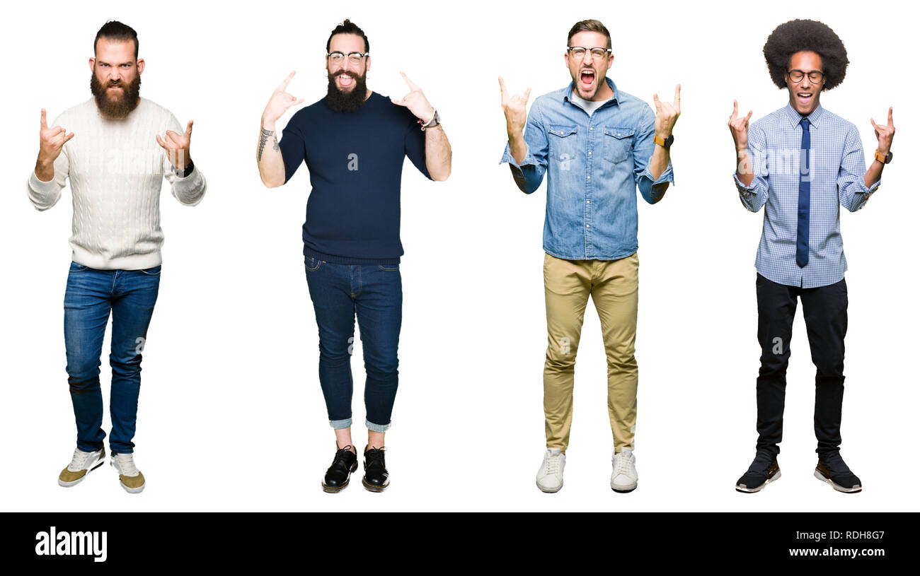Collage of group of young men over white isolated background shouting ...