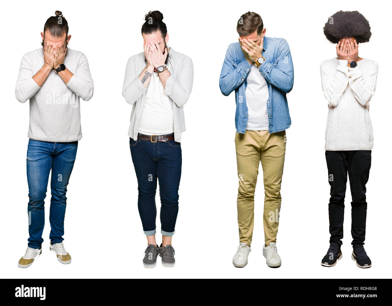 Collage of group of young men over white isolated background with sad ...