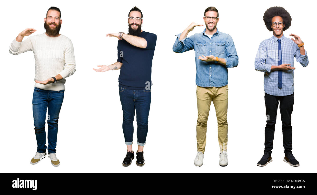 Collage of group of young men over white isolated background gesturing ...
