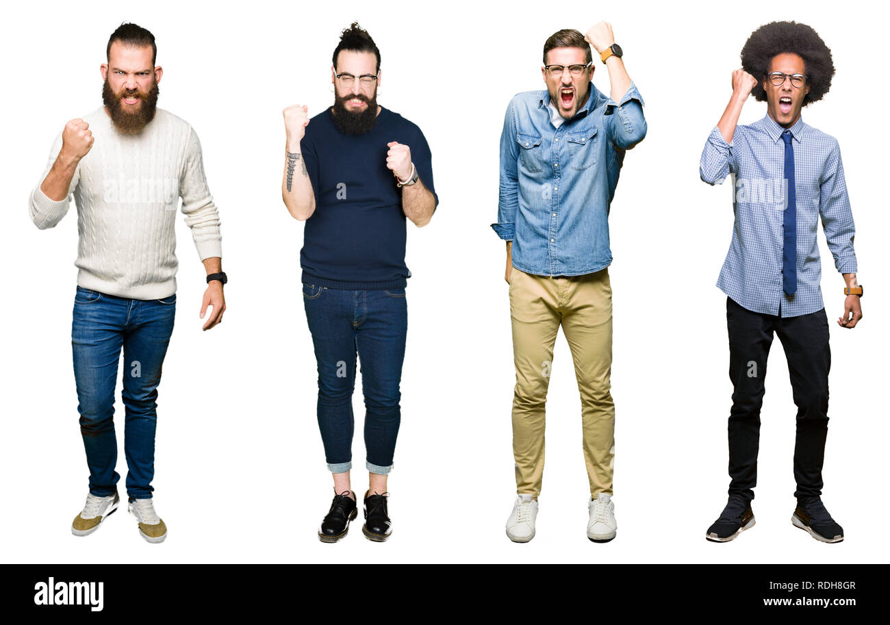 Collage of group of young men over white isolated background angry and ...