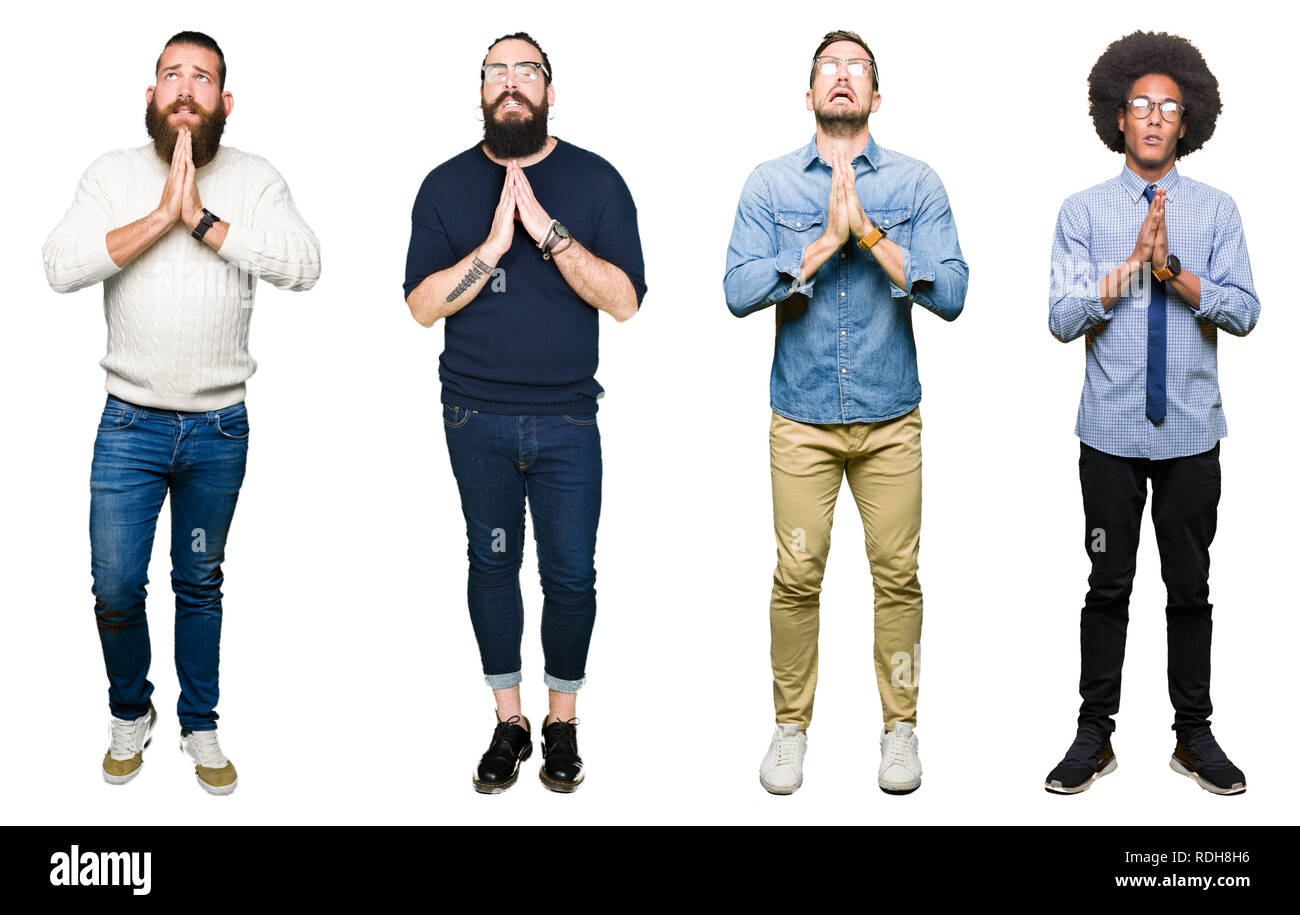 Collage of group of young men over white isolated background begging ...