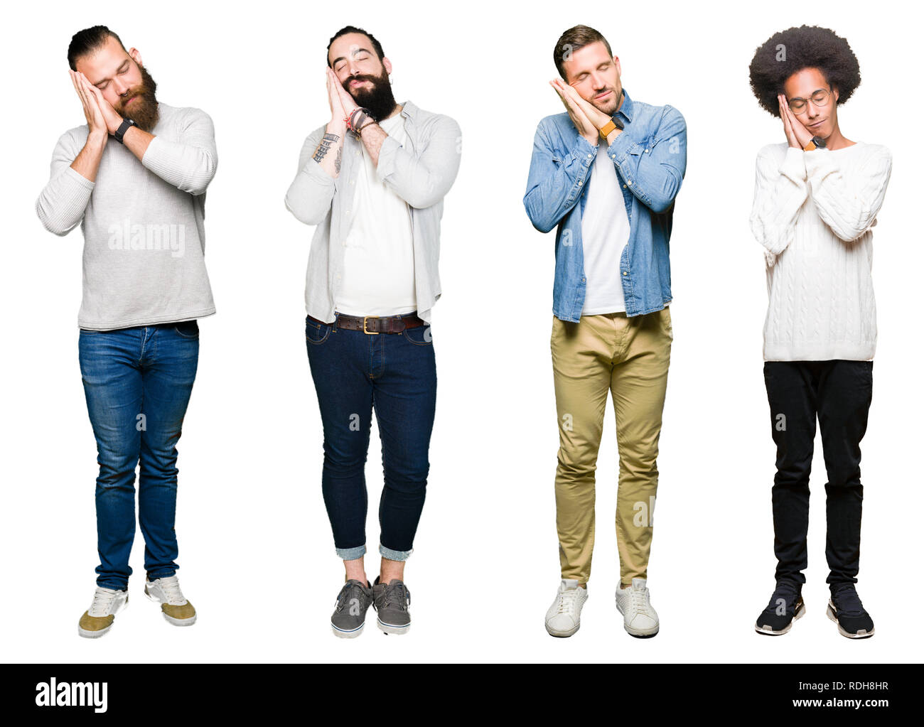 Collage of group of young men over white isolated background sleeping ...