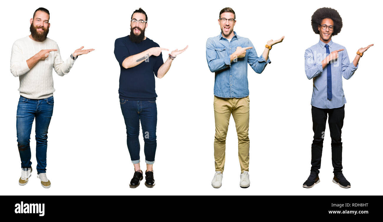 Collage of group of young men over white isolated background amazed and ...
