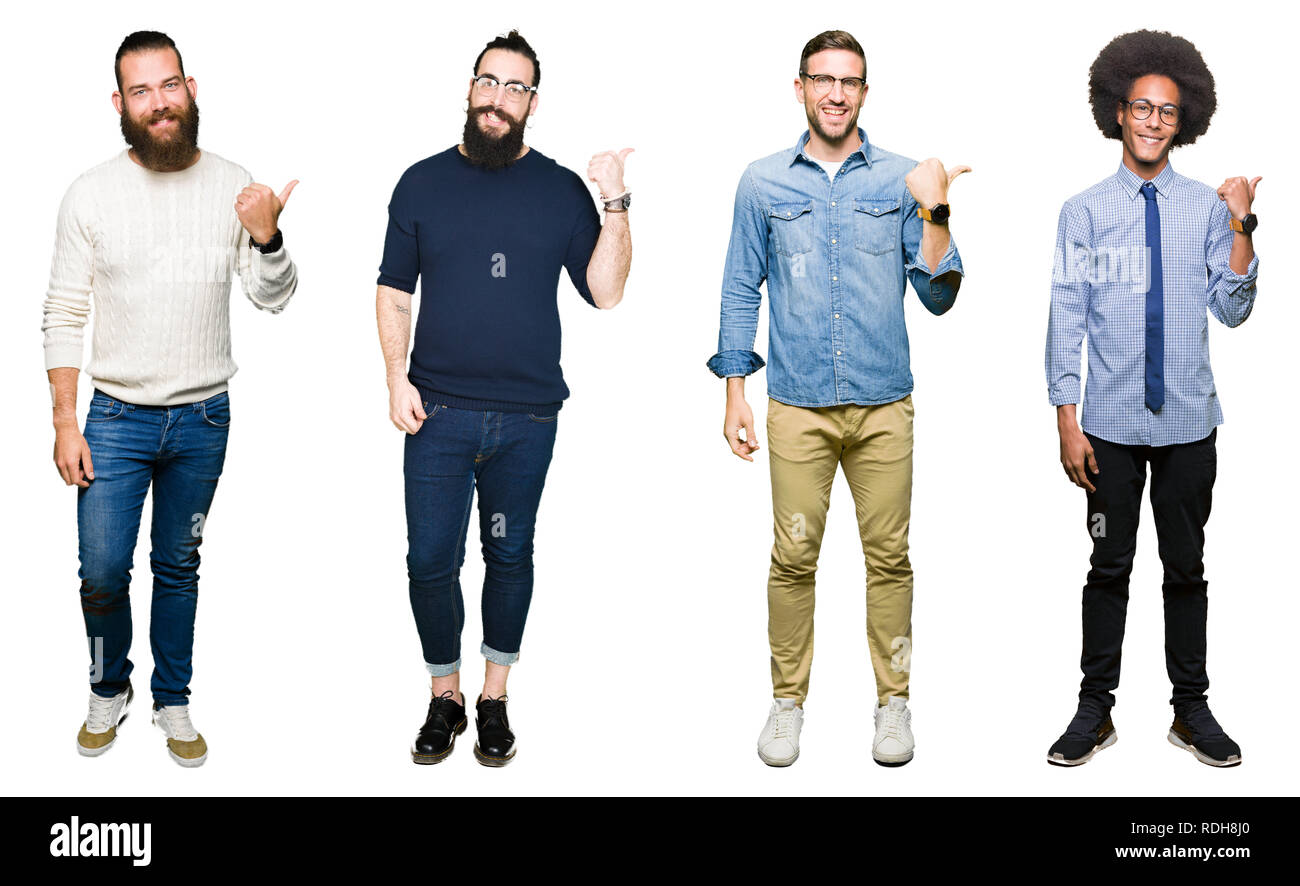 Collage of group of young men over white isolated background smiling ...