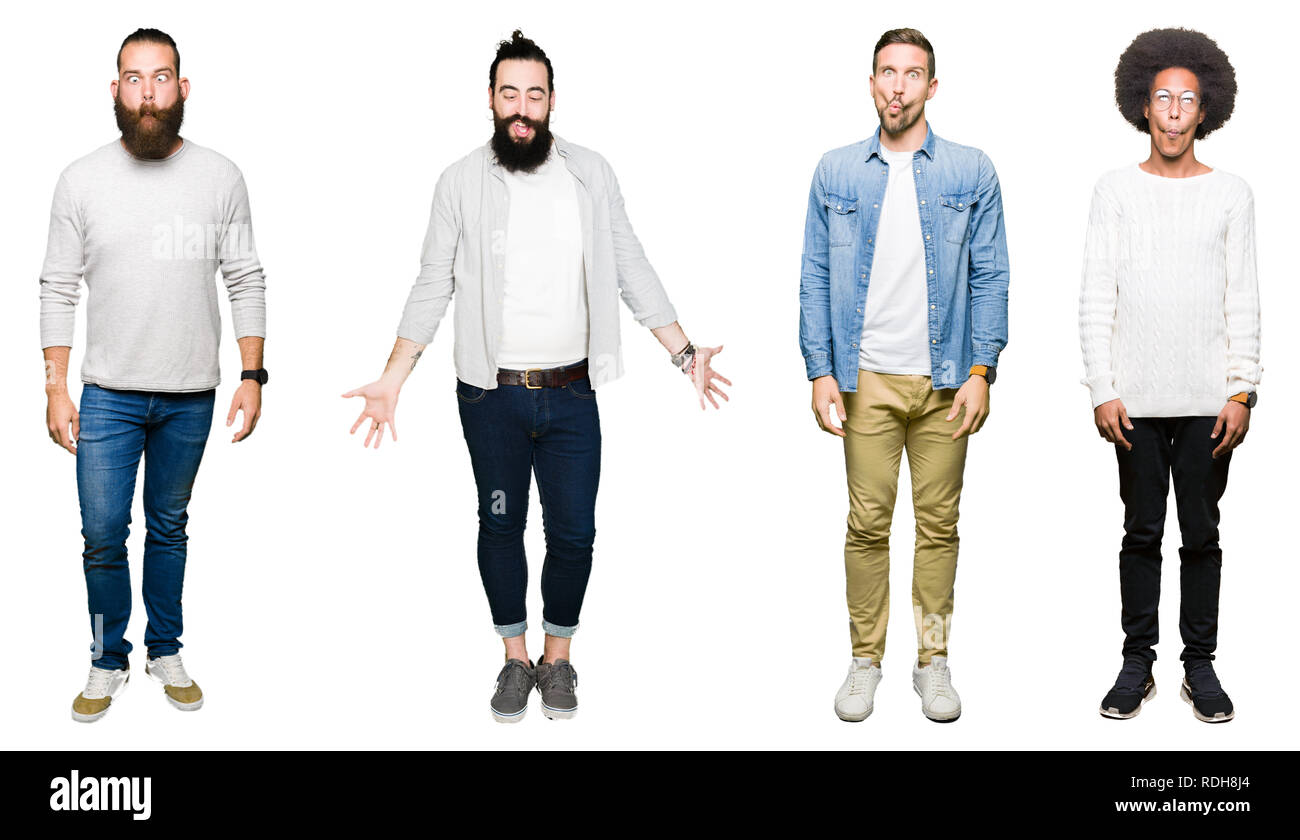 Collage of group of young men over white isolated background making ...