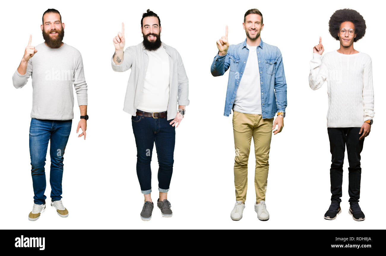 Collage of group of young men over white isolated background showing ...