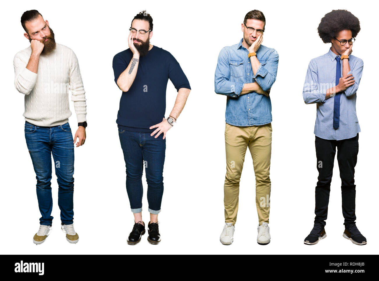 Collage of group of young men over white isolated background thinking ...