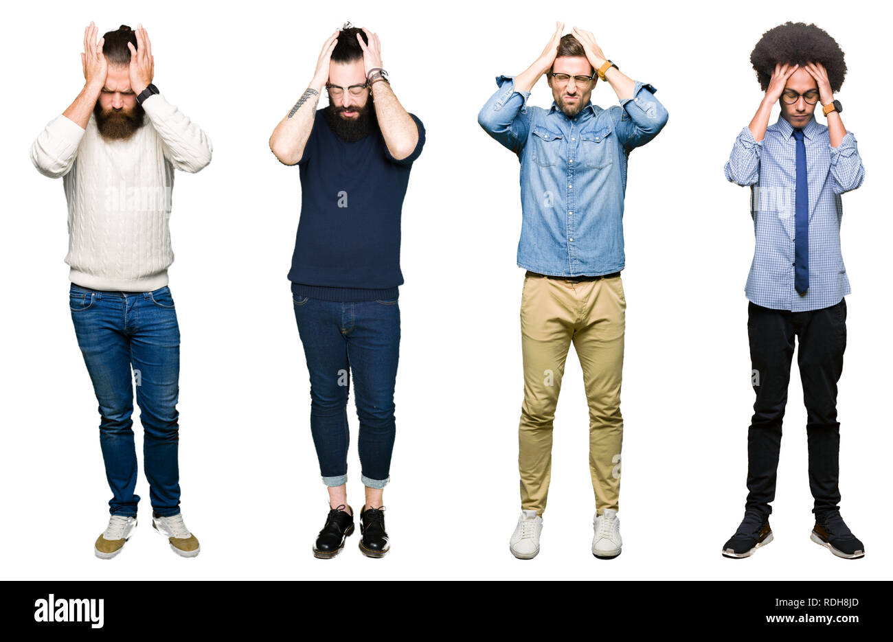 Collage of group of young men over white isolated background suffering ...